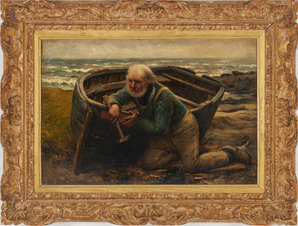 ÉMILE RENOUF (1845-1894). Fisherman by his boat, oil on canvas, signed ...