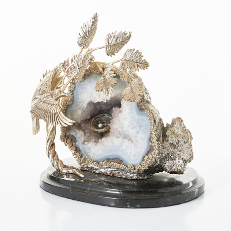 STAN BENTALL. Skulptur, ametistgrotta med fågel och fågelbo, silver ...