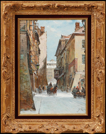 JAN RAWICZ. Stadsgata med figurer och hästspann, olja på duk, signerad ...