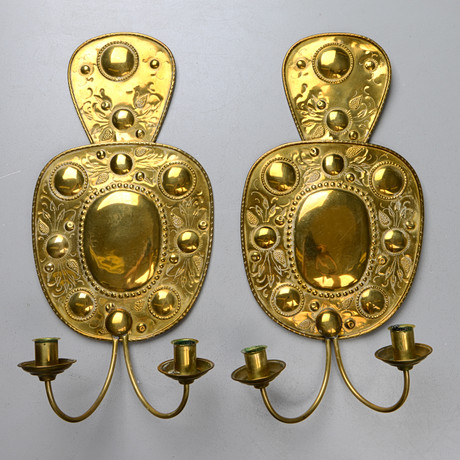 LIGHT PLATES, a pair, brass, common folk, baroque style, 19th/20th ...