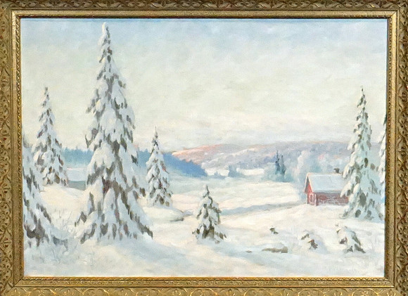 MANNE HALLENGREN (1875-1951), olja på pannå, vinterlandskap, signerad M. Hallengren. Konst ...