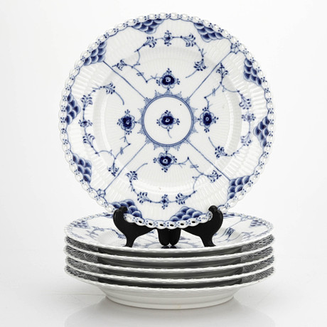 LUNCHTALLRIKAR, 6 st, porslin, "Musselmalet", helblond, Royal ...