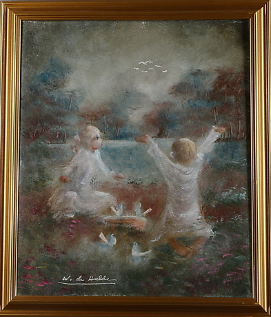 WALTER DU HALDE. Children and birds, oil on canvas, signed W. du Halde ...