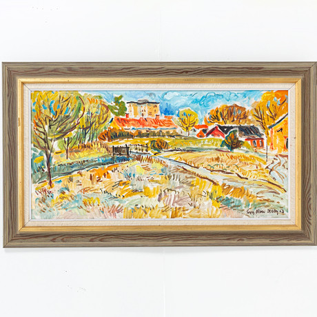 SVEN OLOW OLSSON " Träskovägen, Sandviken " olja på pannå, signerad och ...