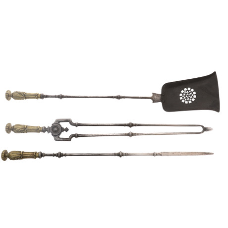 A SET OF THREE LATE REGENCY BRASS AND STEEL FIRE TOOLS. Silver & Metals ...