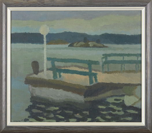 JOHN AHLGREN (FÖDD 1934). Bänkar på brygga, olja på pannå, sign Ahlgren ...