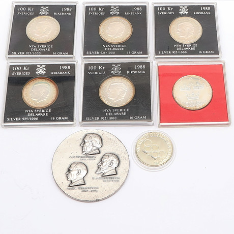 SILVER COINS AND COMMEMORATIVE MEDALS, 8 pieces, inter alia in memory ...