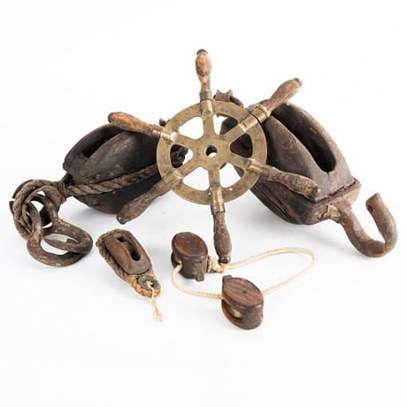 NAUTICA, 6 pieces with blocks and ship's steering wheel, mostly early ...