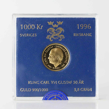 COIN, 1000 kr, 1996, King Carl XVI Gustaf, 50 years. Coins, Medals ...