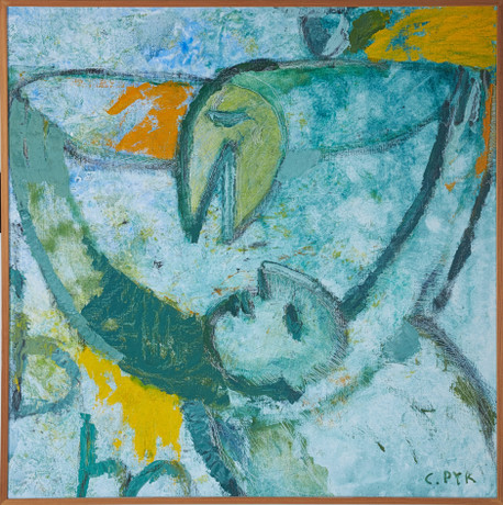 CAMILLA PYK (1966). Figurkomposition med fågel, akryl på duk, signerad ...