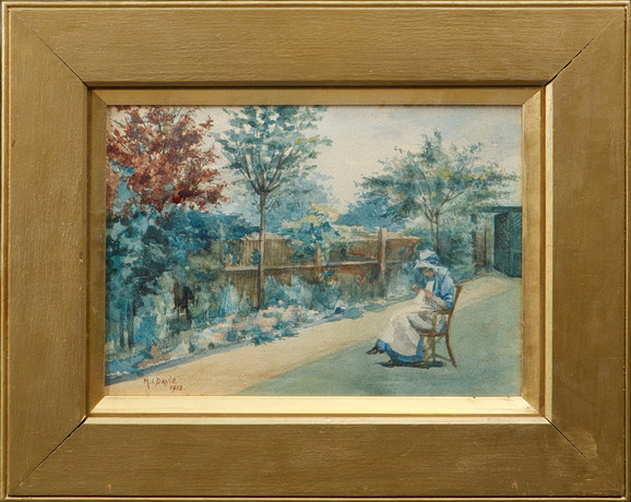 OIDENTIFIERAD KONSTNÄR. Figur i trädgård. Akvarell, signerad, M I Davis ...