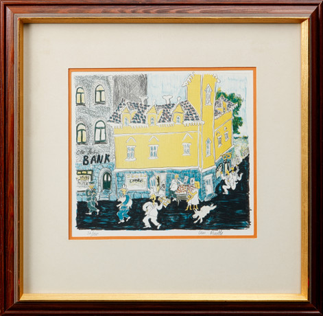 IAN RUSTH. Figures and yellow house, lithograph in colours, signed and ...