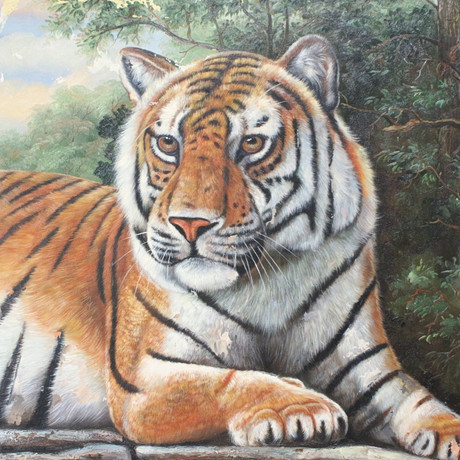 Okänd konstnär. 'Liggande tiger', olja på duk, signerad. Konst - Måleri - Auctionet