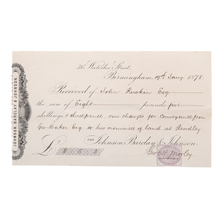 JOHN RUSKIN (1819-1900): RECEIPT FROM JOHNSON, BARCLAY & JOHNSON DATED ...