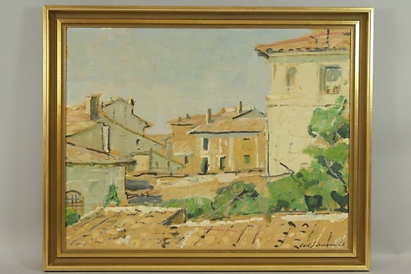 CARL JOSEPH SCHWENN (1888-1973). Painting, cityscape, oil on canvas ...