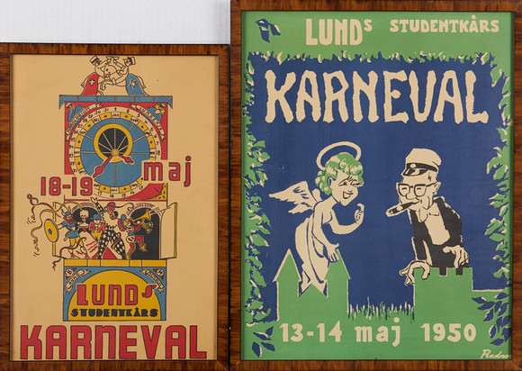 Two posters, Lund Student Union Carnival 1946 and 1950, framed. Art ...