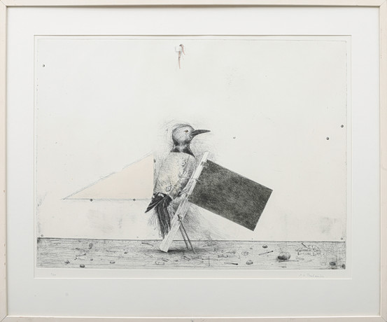 PER GUNNAR THELANDER. Surrealistisk bild med fågel, etsning, signerad ...
