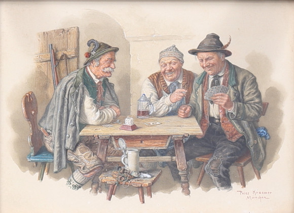 PETER KRAEMER II (1857-1936). 3 kortspelare. Akvarell, München ...