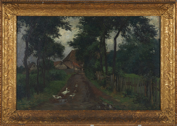 JULIUS HUGO BERGMANN (1861-1940). Gårdsmotiv med gäss, signerad J ...