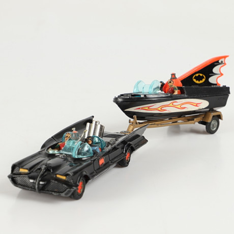 A pair of toy vehicles, “Batmobile” and “Batboat”, plastic/metal, Corgi ...