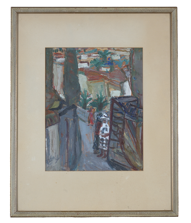 BRITA HANSSON. TILLSKRIVEN. Stadsmiljö med figurer, olja på papper, monogramsignerad BH. Konst ...