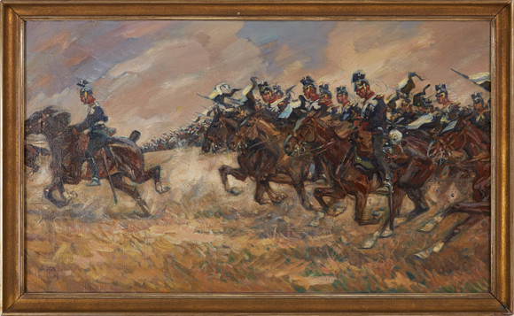 ANGELO JANK (Tyskland 1868-1940) Ridande ulaner, oljemålning på duk ...