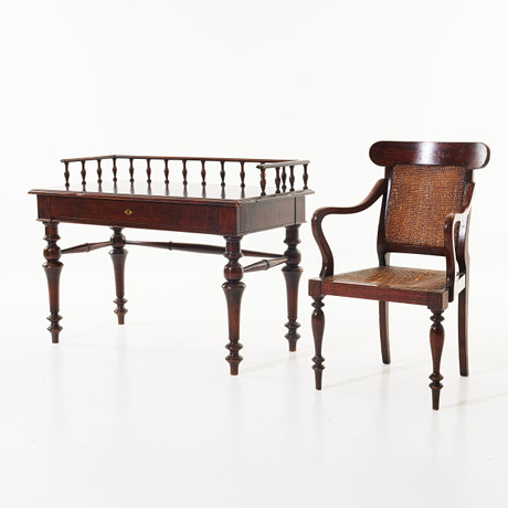 DESK and CHAIR, latter half of the 20th century, dark stained hardwood ...