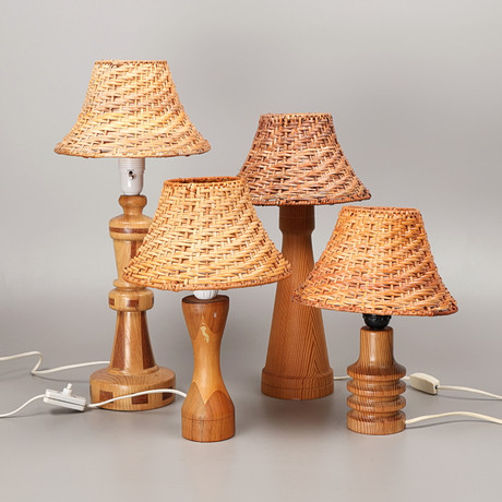 A set of four pine/rattan table lamps, second half of the 20th century ...