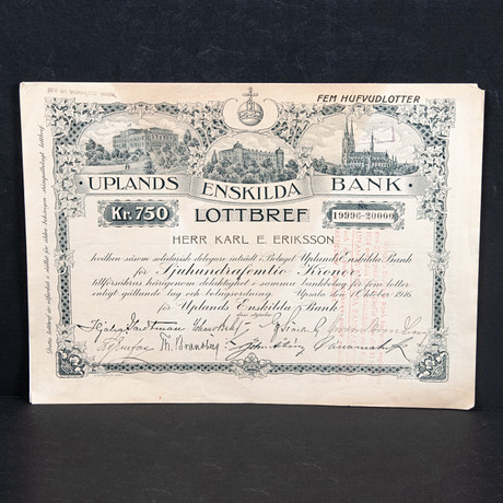 AKTIEBREV. UPLANDS ENSKILDA BANK. Mynt, Medaljer & Frimärken - Övrigt ...