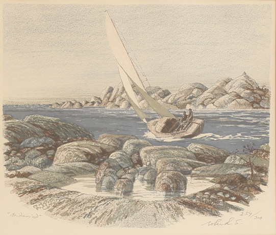 ROLAND SVENSSON. Färglitografi, "Bidevind", signerad och numrerad ...