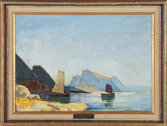 KNUT NORMAN. Coastal motif with fishing boats, oil on panel, signed ...