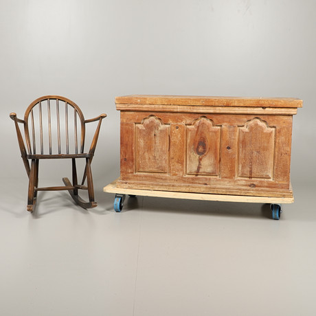 A PINE BLANKET BOX AND A DARK ERCOL STYLE ROCKING CHAIR. Furniture ...