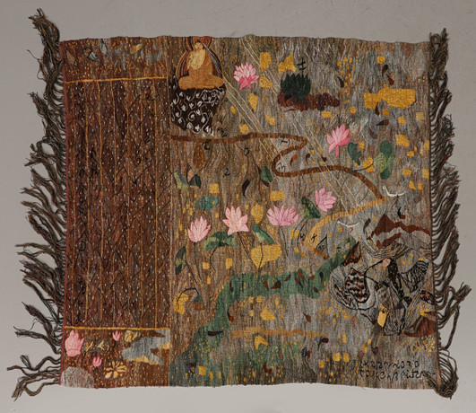 A wall mural, probably Thailand, signed, 20th century. Carpets ...