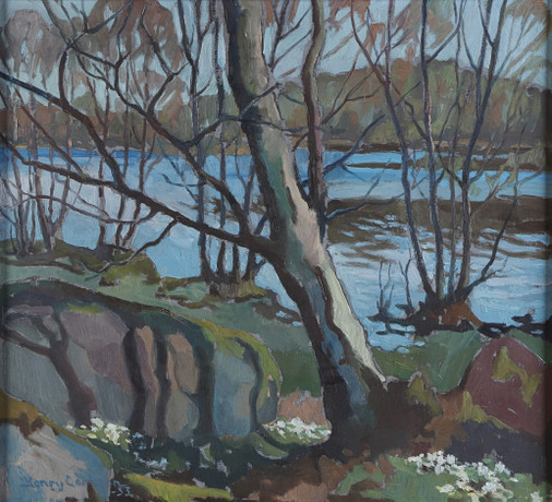 HENRY CARLSSON. Oil painting on Board. Trees by streams. Signed. Art ...