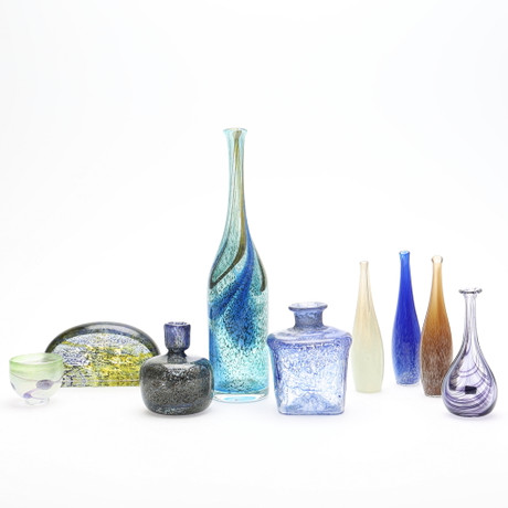 A collection of nine objects, polychrome glass, later part of the 20th ...