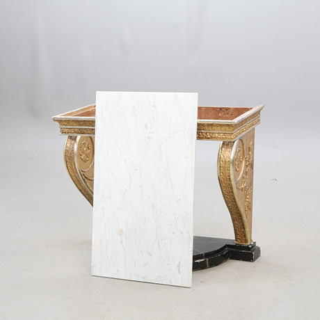 Console table, empire 19th century, gilded wood with marble top ...