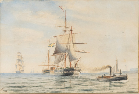 ARVID CRONSTRAND. Aquarell, Segelschiff, das im Hafen anlegt, signiert ...