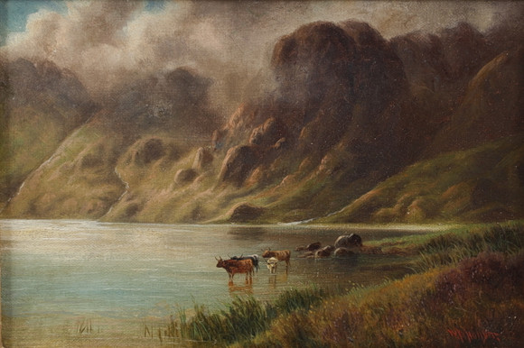 WILLIAM PERRING HOLLYER. Vadande kor, olja på duk, signerad. Konst ...