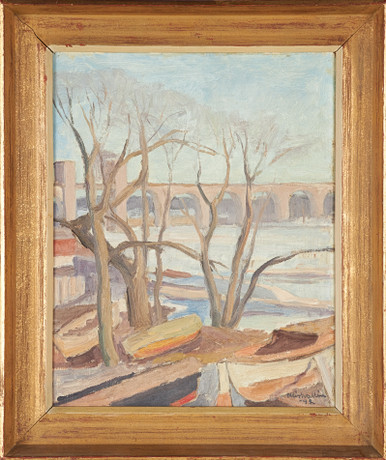 ELIS WALLIN. "Båtar på land", signerad samt daterad 42, olja på pannå ...