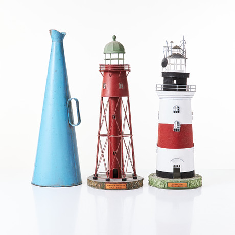 Two model lighthouses, Svenska Högarn, and Söderarm, and a megaphone in ...