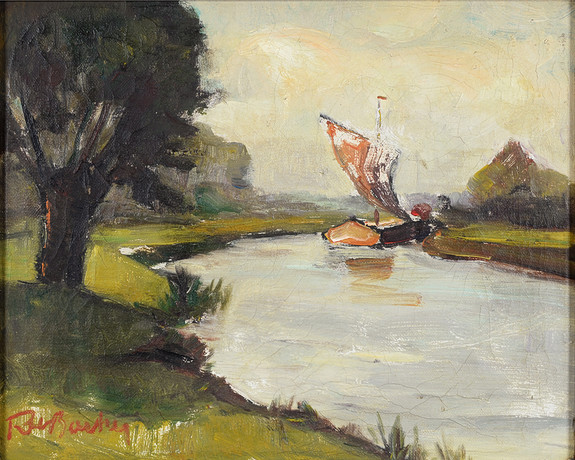 ROGER DE BACKER. ”Flodlandskap på Leie i Belgien”. Olja på duk. Konst ...