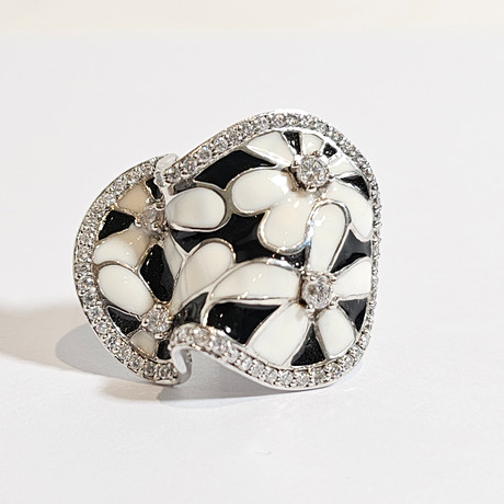 STOR BLOMMIG RING MED EMALJER OCH ZIRKONER. SILVER RAM. HELT NY. NR 14 ...