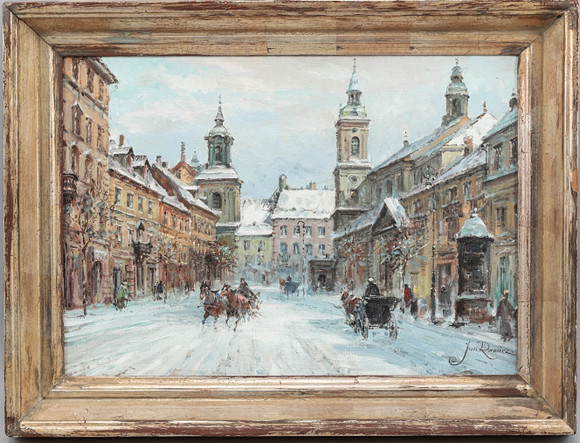 JAN RAWICZ (POLEN). Stadtmotiv im Schnee, Lija auf Leinwand, signiert ...