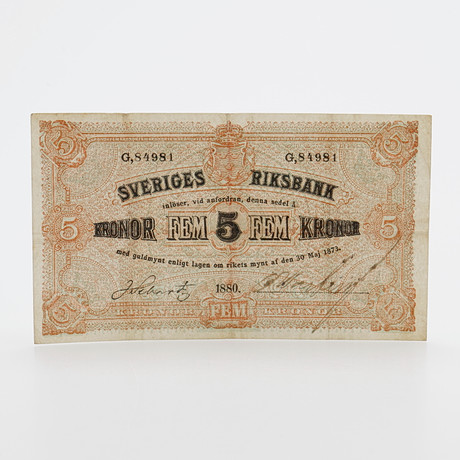 SEDEL, SVERIGES RIKSBANK, FEM KRONOR, 1880. Mynt, Medaljer & Frimärken ...