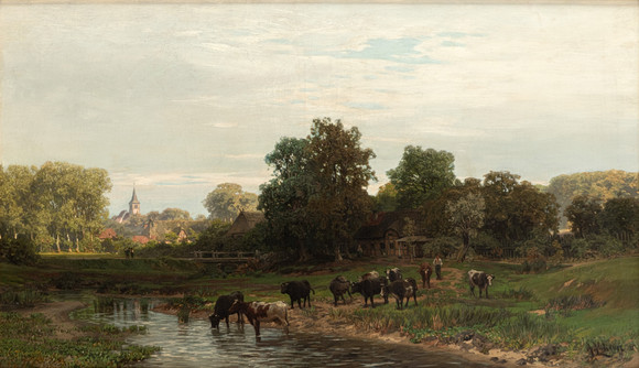 ALFRED METZENER (1833-1905). Landskap med kor på en bäck. Konst ...