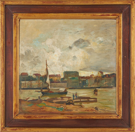 AXEL PETER (1863-1942). Hamnmotiv, olja på pannå, signerad. Konst ...
