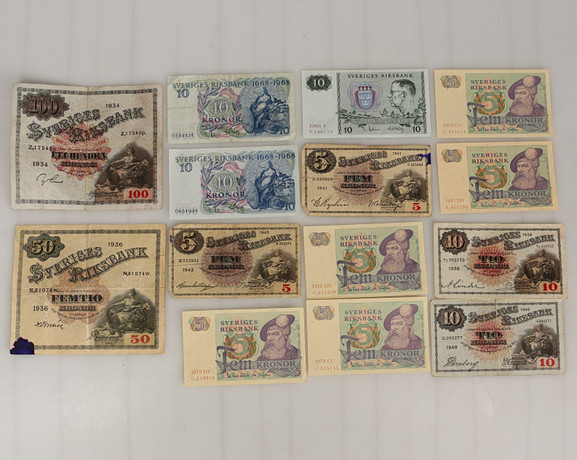 SEDLAR, 14 st. Sverige, 100 kr år 1934, 50 kr år 1936, och diverse ...