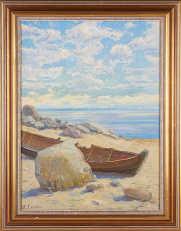 VASILI LEVI (1878-1954). Kustbild med båt, olja på pannå, signerad V. Levi. Konst - Måleri ...