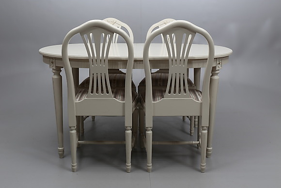 MATSALSMÖBEL, bord och 4 stolar, "Axet", antikvit, Gustaviansk stil ...