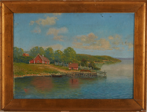 OIDENTIFIERAD KONSTNÄR, Stuga i skärgården, olja på duk, signerad C.F ...